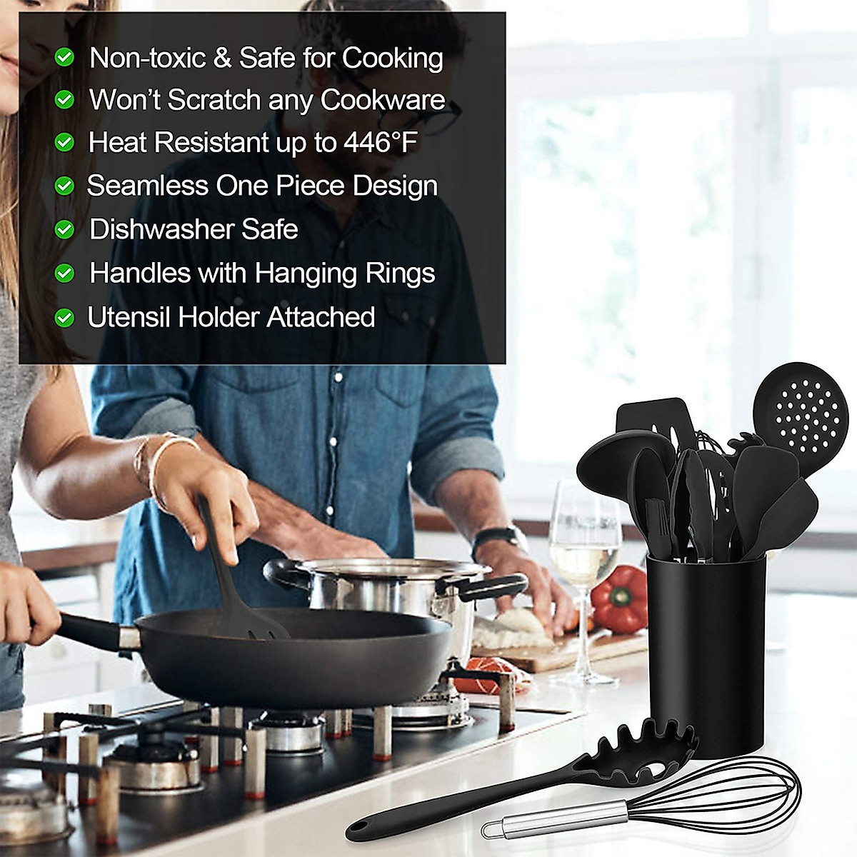 LIANYU 12-Piece Black Silicone Kitchen Cooking Utensils Set with Holder, Kitchen Tools Include Slotted Spatula Spoon Turner Ladle Tong Whisk, Dishwasher Safe