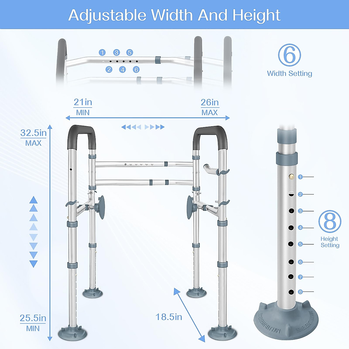 KingPavonini Toilet Safety Rail (400 LB) - Adjustable Foldable Toilet Safety Frame for Elderly and Disabled - Stand Alone Toilet Rails for Seniors with Storage Bag and Paper Holder - Fits Most Toilets