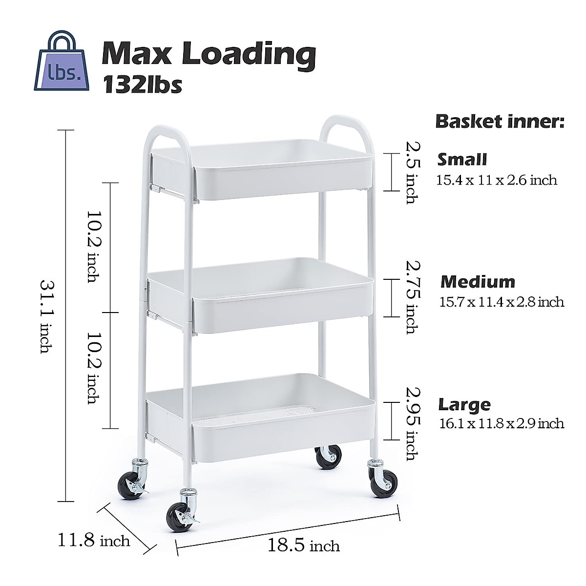 TOOLF 3 Tier Rolling Cart, No Screw Metal Utility Cart, Easy Assemble Utility Serving Cart, Sturdy Storage Trolley with Handles, Locking Wheels, for Classroom Office Home Bedroom Bathroom, White
