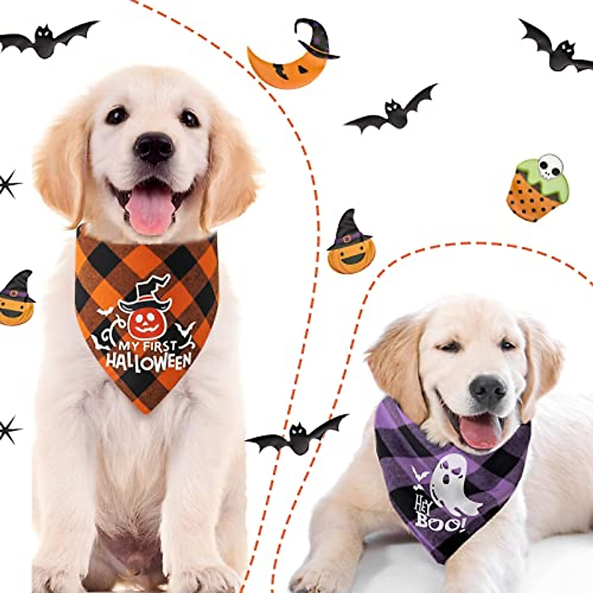 VMPETV 2 Pack Dog Halloween Bandana Glow in The Dark, Fall Dog Bandana Fluorescent Halloween Costumes for Dogs Pumpkin Ghost Scarf Bibs Accessories for Small Medium Large Pets Cats