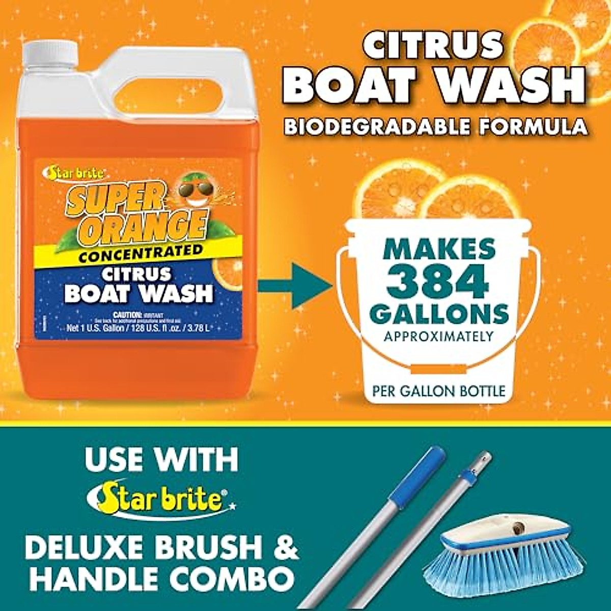STAR BRITE Super Orange - Premium Citrus Boat Wash Super Concentrate - Makes 384 Gallons - All-Purpose, All-Surface Cleaning Solution - Will Not Remove Wax, Polish or Gel Coat 1 GAL (094500)