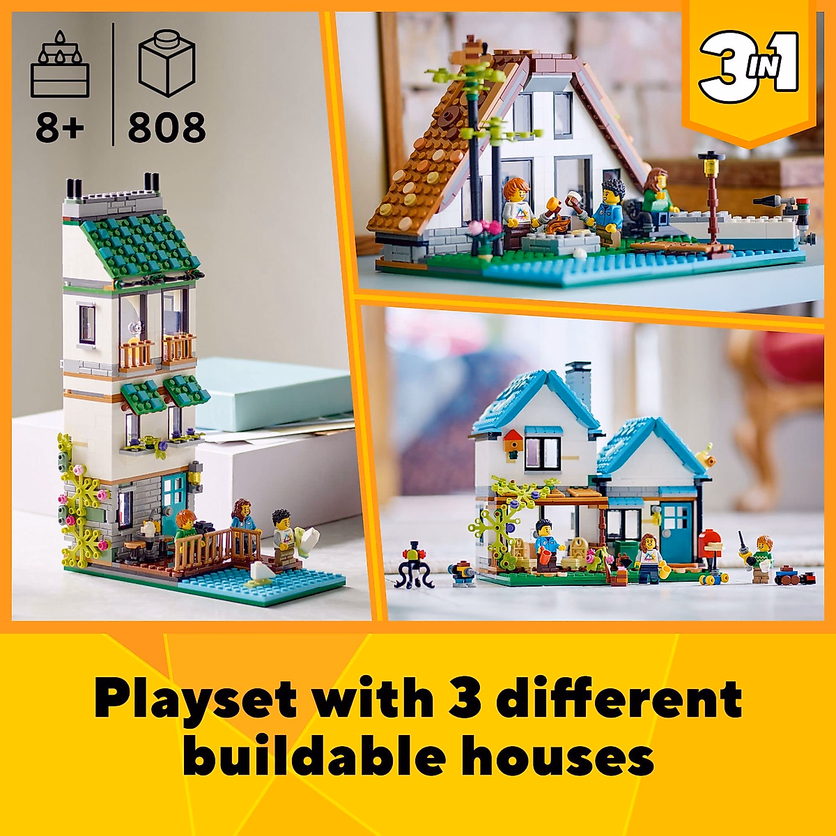 LEGO Creator 3 in 1 Cozy House Building Kit, Rebuild into 3 Different Houses with Family Minifigures & Accessories, DIY Building Toy Idea for Outdoor Play, Summer Toy for Boys & Girls Ages 8-11, 31139