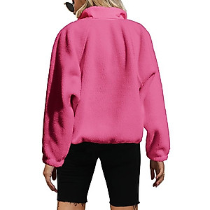 Yanekop Womens Fuzzy Fleece Pullover Sherpa Sweatshirt Long Sleeve Button Down Sweater Jacket with Pockets(Hot Pink,L)