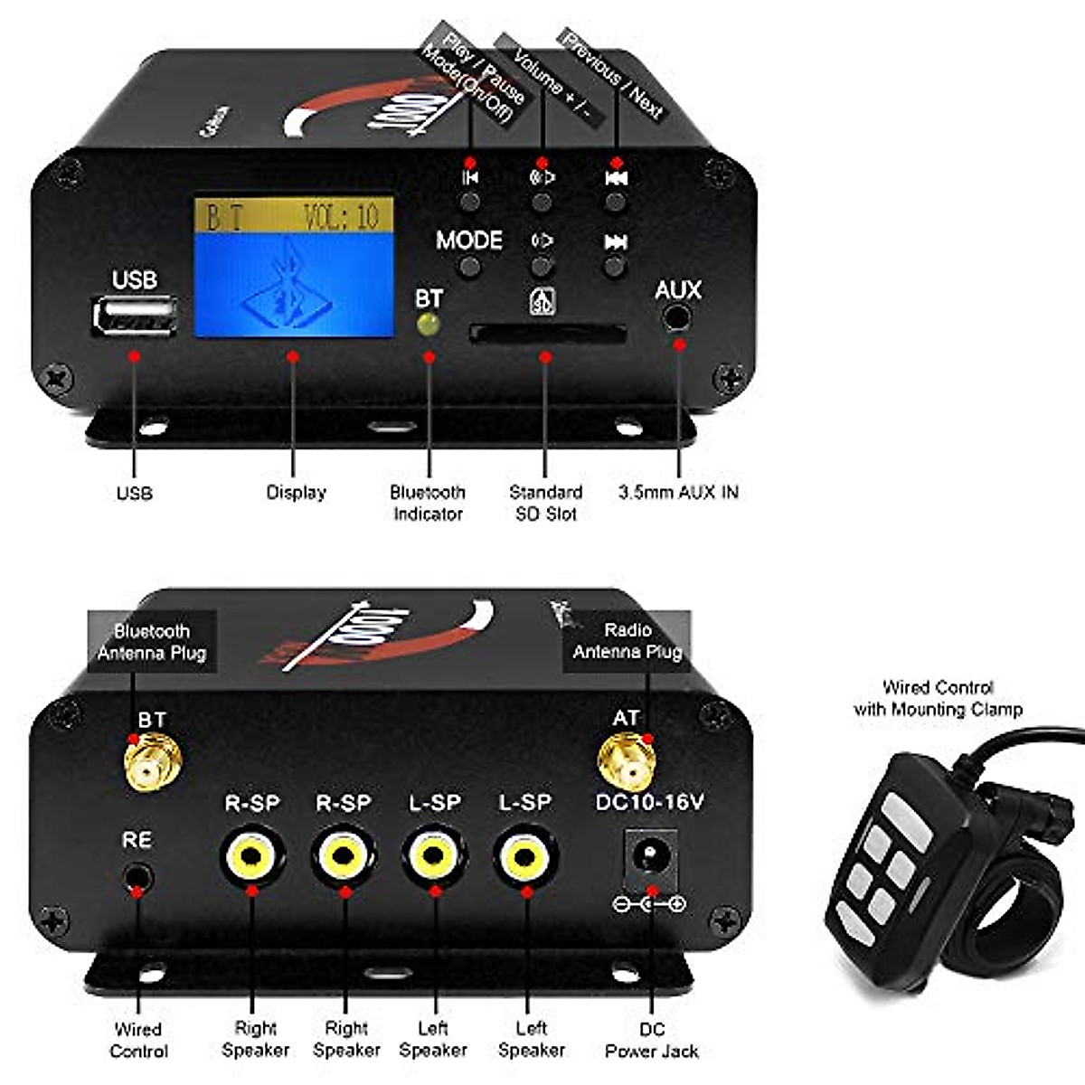 GoHawk TJ4-Q 1000W 4 Channel Amplifier 4" Full Range Waterproof Bluetooth Motorcycle Stereo Speakers Audio System AUX USB SD Radio for 1-1.5" Handlebar Harley Touring Cruiser ATV