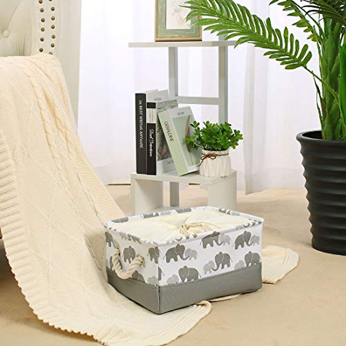 uxcell Storage Basket Bin with Cotton Handles, Fabric Storage with Drawstring Closure for Clothes Towel Toys Organizer,Laundry Basket for Home Shelves Closet Gray Medium