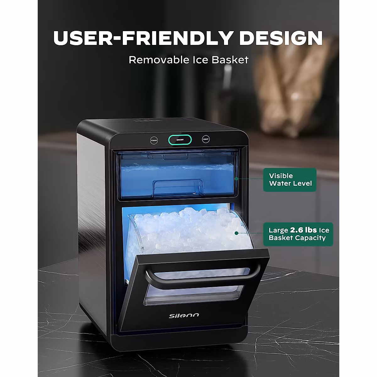 Silonn Nugget Ice Maker Countertop, Pebble Ice Maker Nugget, 44lbs Crushed Ice in 24h, Pull-Out Water Tank and Removable Ice Basket for Home, Kitchen, Stainless Steel