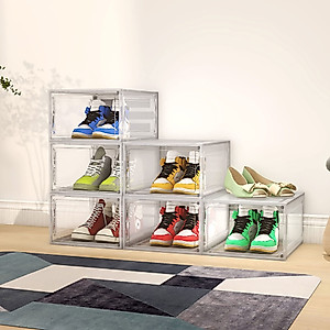 Shoe Storage Boxes, Shoe Organizer Shoe Display Case, Shoe Holder Clear Plastic Stackable Sneaker Box, Zapateras Organizer for Closet Drop Front Shoe Box Fit up to US Size 12(13.4”x 10.5”x 7.4”)