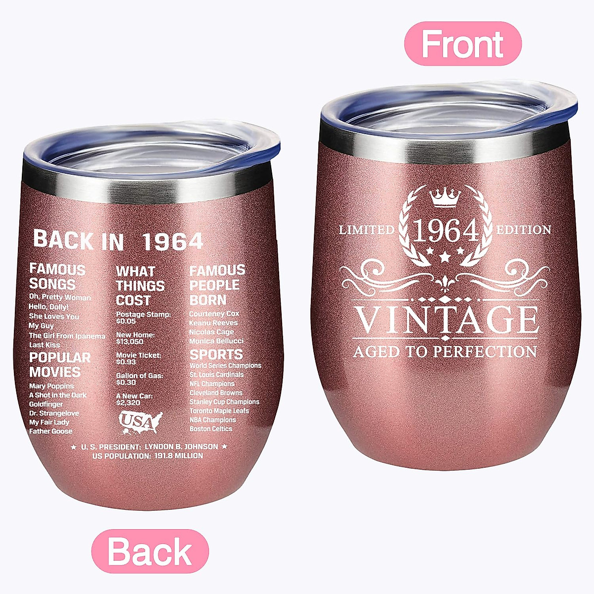 60th Birthday Gifts for Women Friends, 12 Oz Insulated Stainless Steel Wine Tumbler with Lid, Double Side Printed Birthday Thermos cup, Back in 1964 Old Time Information, Best Birthday Gifts