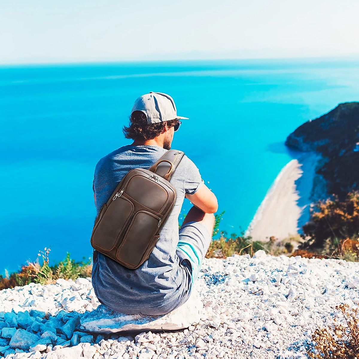 Polare Vintage Full Grain Leather Sling Bag for Men Multipurpose Daypack Shoulder Chest Crossbody Bag Travel Backpack Large Fits iPad Pro 12.9''