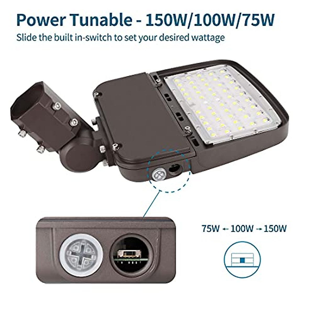 Xbuyee (2 Pack) 150W LED Parking Lot Light with Dust to Dawn Photocell, Outdoor Dimmable LED Shoebox Lights with Slipfitter, 130LM/W 5000K 100-277V IP65, Power Tunable 75W/100W/150W, ETL Listed