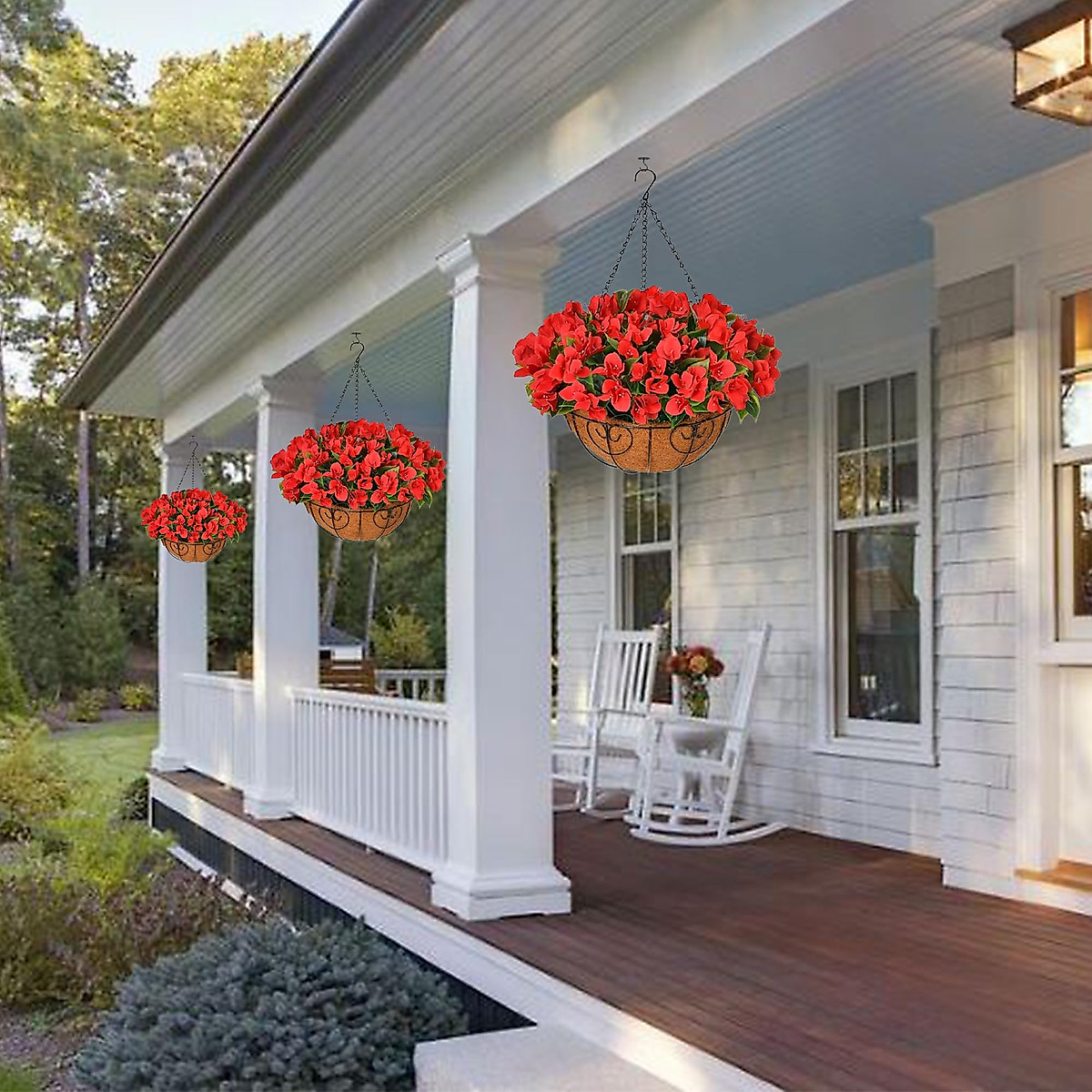 Artificial Fake Fall Hanging Flowers Plants Basket for Outdoor Autumn Decor, Faux Silk Bougainvillea Flowers in Planter Look Real UV Resistant Faux Flowers Arrangement for Porch Home Patio Garden, Red