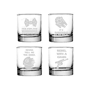 Brindle Southern Farms Star SW Drinking Glass Set of 4 Etched Rocks Whiskey Glasses Sci-fi Space Star Noises Wars Whiskey Glass Gift for Adults, Wars Glassware Barware