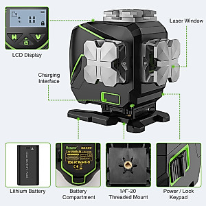 Huepar 3x360° Self-Leveling Laser Level with LCD Screen, 3D Bluetooth Connected Green Beam Cross Line Tiling Floor Laser Tool -360° Horizontal/Vertical Laser Line -Remote Control&Hard Carry Case S03DG