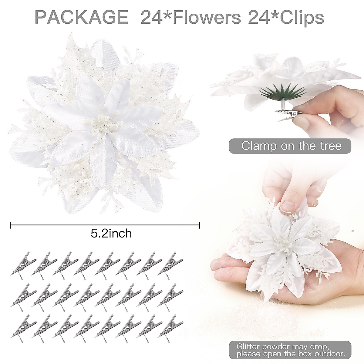 Sggvecsy 24 Pcs Christmas Glitter Poinsettia Flowers Christmas Tree Ornaments Artificial Christmas Flowers Decorations with Clips for Xmas Holiday Wedding Wreath Party Floral Decorations (White)