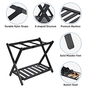 ALAPUR Folding Luggage Rack for Guest Room,Bamboo Suitcase Stand Holder with Shelf for Home Hotel Bedroom,Black