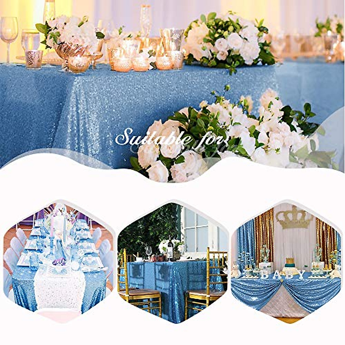 Sequin Table Cloths 60x102 Inches Baby Blue Sparkly Table Cover for Baby Shower Party Boys Birthday Wedding Cake Table Decorations