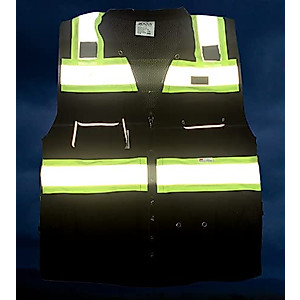 Vero1992 (C) Vest Mens Class 2 Black Series Safety Vest With Zipper and Utility Pockets Premium Black Series Surveyors Vest (L, Black)