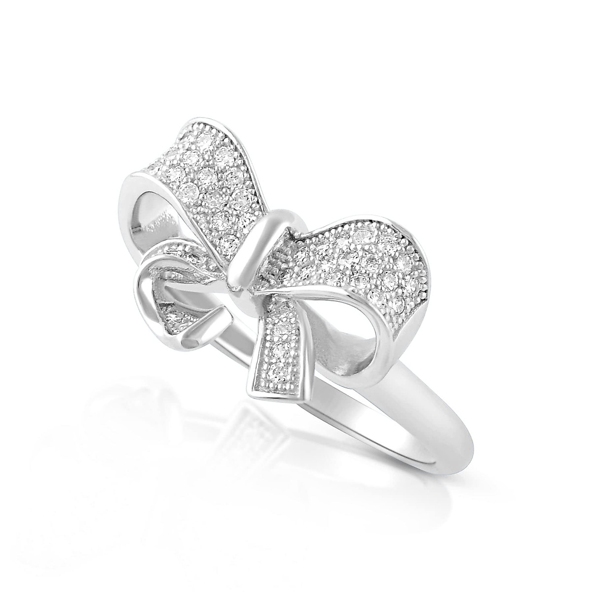SILVERCLOSEOUT Rhodium Plated Sterling Silver Womens Cz Cubic Zirconia Bow Ring - Size 8