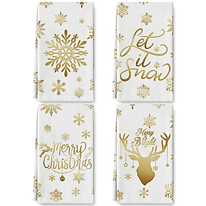 AnyDesign Christmas Kitchen Towel Gold Snowflake Reindeer Dish Towel 18 x 28 Inch Let It Snow Hand Drying Tea Towel for Cooking Baking, Set of 4