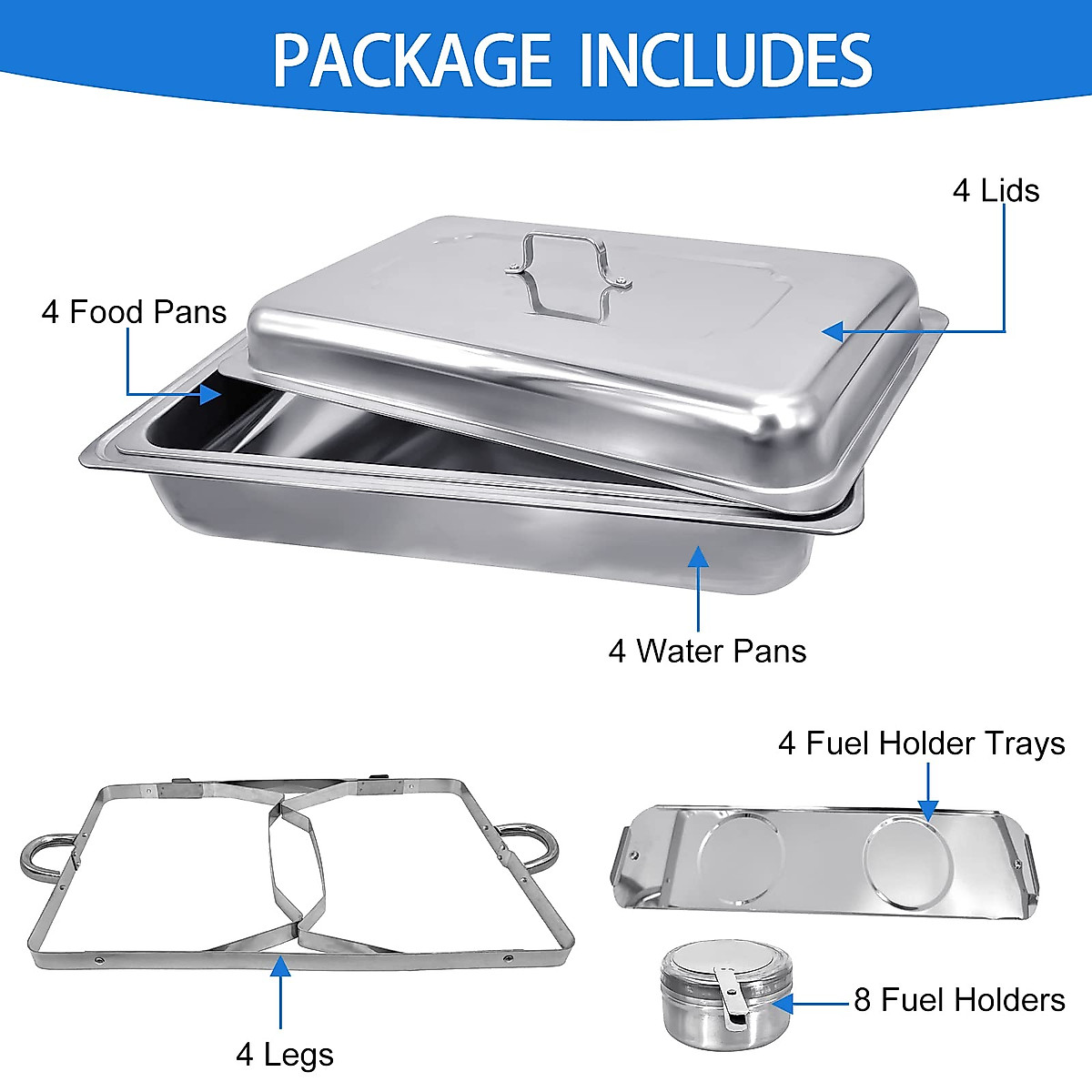 Jacgood Chafing Dish Buffet Set 4 Pack 8QT Stainless Steel Food Warmer Chafer Complete Set with Water Pan, Chafing Fuel Holder for Party Catering