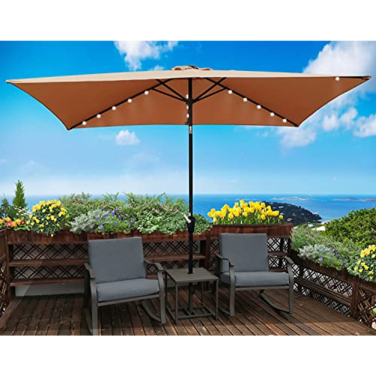 i-POOK 10 x 6.5 FT Rectangular Patio Umbrellas with 26 Solar LED Light, Market Table Waterproof Umbrellas Sunshade with Crank and Push Button Tilt Patio Hanging Umbrella for Garden Deck Pool, Brown