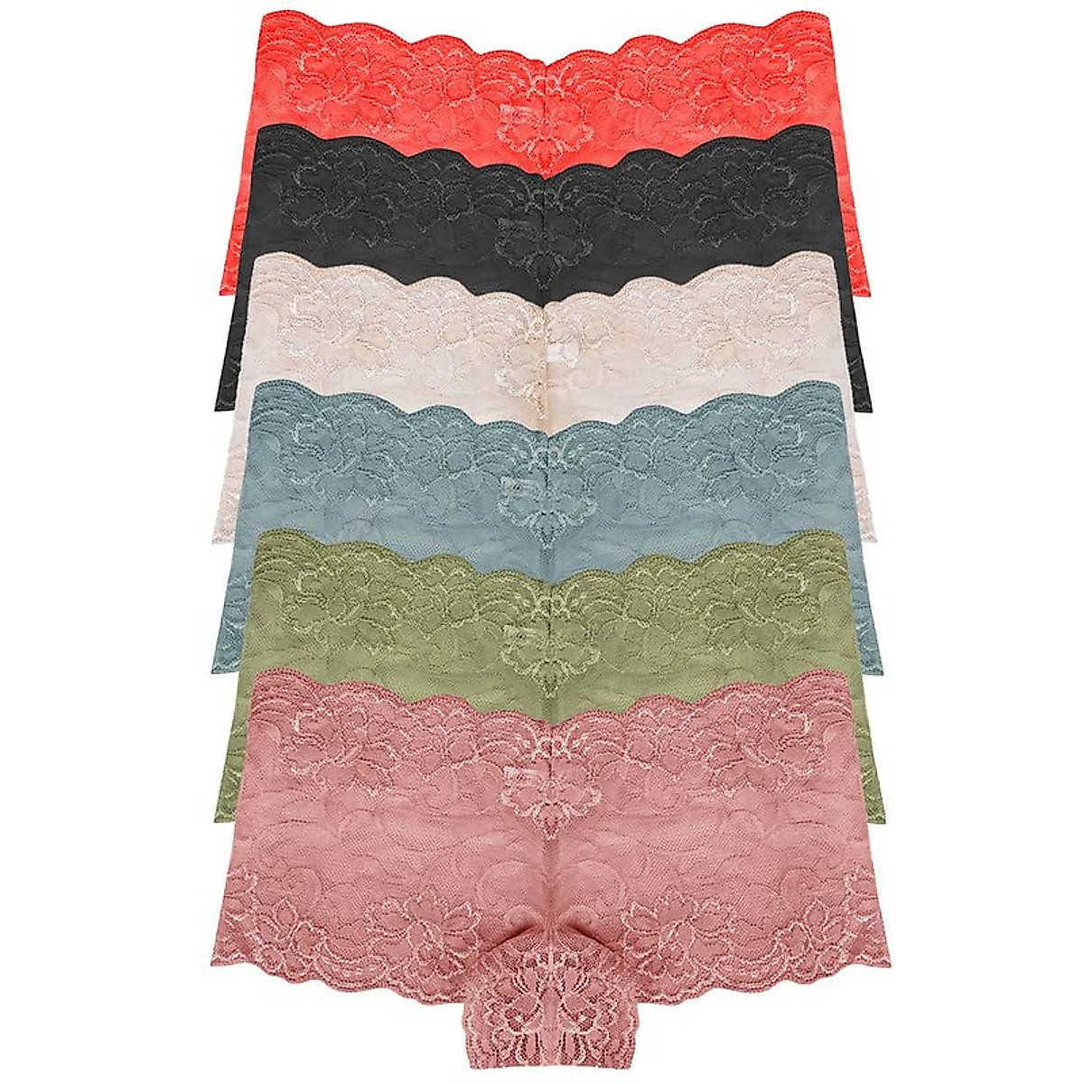 RUNYA Womens Lace Boyshort Panties Underwear Briefs, Pack of 6 (6 colors, Medium)