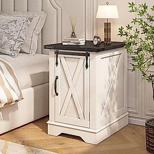EnHomee Nightstand Set of 2,Nightstand with Charging Station,Farmhouse End Tables with Barn Door & Adjustable Storage Shelf,Nightstand Sets Sofa Side Table for Bedroom,Drawing Room,Antique White