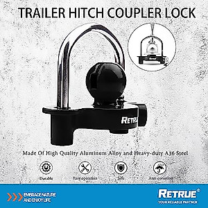 RETRUE Universal Coupler Lock Trailer Locks Ball Hitch Trailer Hitch Lock Adjustable Security Heavy-Duty Steel Fits 1-7/8 Inch, 2 Inch, 2-5/16 Inch Couplers Black