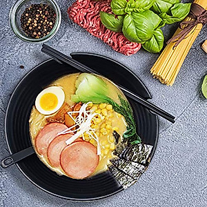 Vivimee Unbreakable Japanese Style Ramen Bowl Set of 2, 37oz Black Large Ramen Bowls and Spoons Set with Chopsticks & Saucers for Pho Thai Miso Udon Soup Noodles or Asian Food, Matte Melamine Bowls