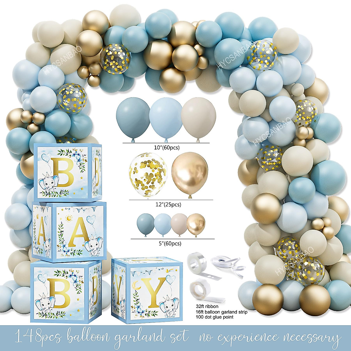 Elephant Baby Shower Decorations for Boy, Blue Elephant Baby Shower Party Supplies, It's a Boy Backdrop Tablecloth Elephant Balloon Arch BABY Box Mom to Be Sash Dad to Be Pin