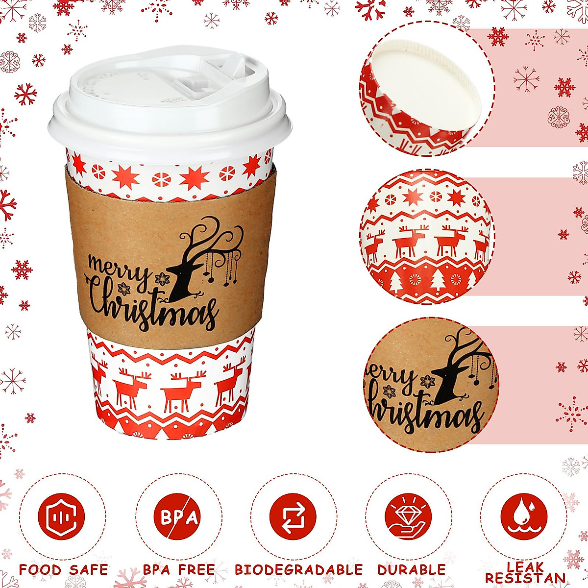 Suttmin 300 Pcs Christmas Disposable Coffee Cups with Lids and Sleeves 12 Oz Christmas Paper Cups Christmas Drinking Cups Hot Cocoa Chocolate Cups Party for Xmas Holiday Daily Holiday (Classic Style)