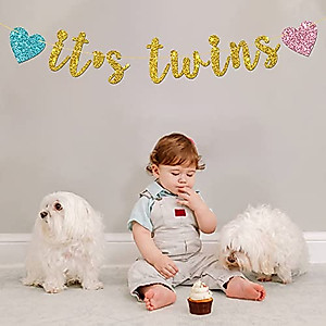 It's Twins Banner - Gold Glitter Baby Shower Bunting Gender Reveal Party for Babies Twin Decorations Supplies