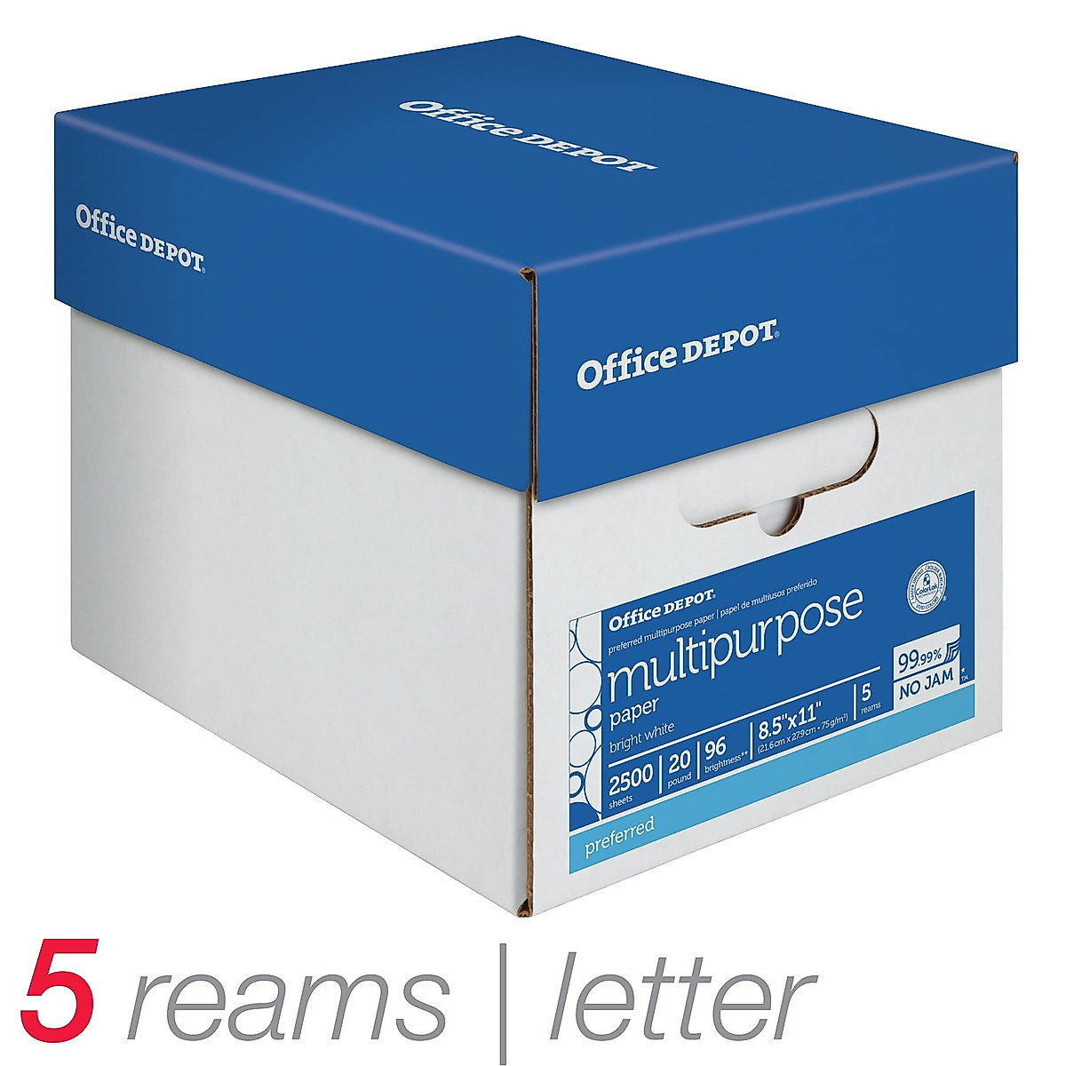 Office Depot® Multi-Use Printer & Copy Paper, White, Letter (8.5" x 11"), 2500 Sheets Per Case, 20 Lb, 96 Brightness, 58
