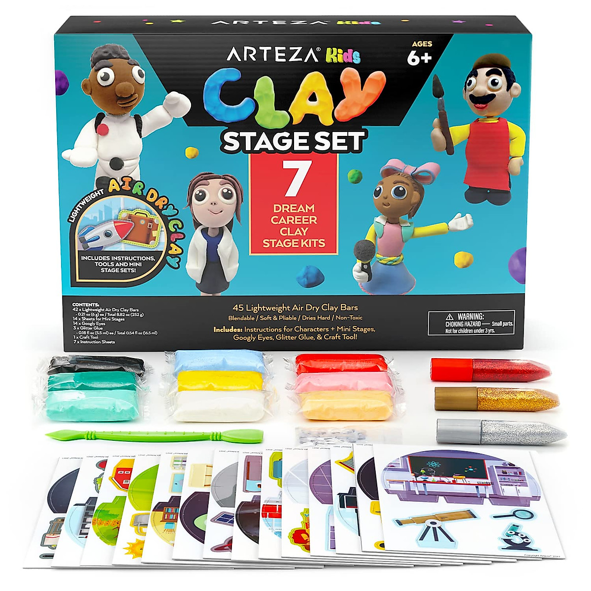 Arteza Kids Air Dry Clay, 42 Bars, Dream Career Modeling Clay Kit, 14 Mini-Stages, 14 Googly Eyes, 3 Glitter Glues, 1 Craft Tool, 7 Instruction Sheets, Craft Supplies for Learning and Developing