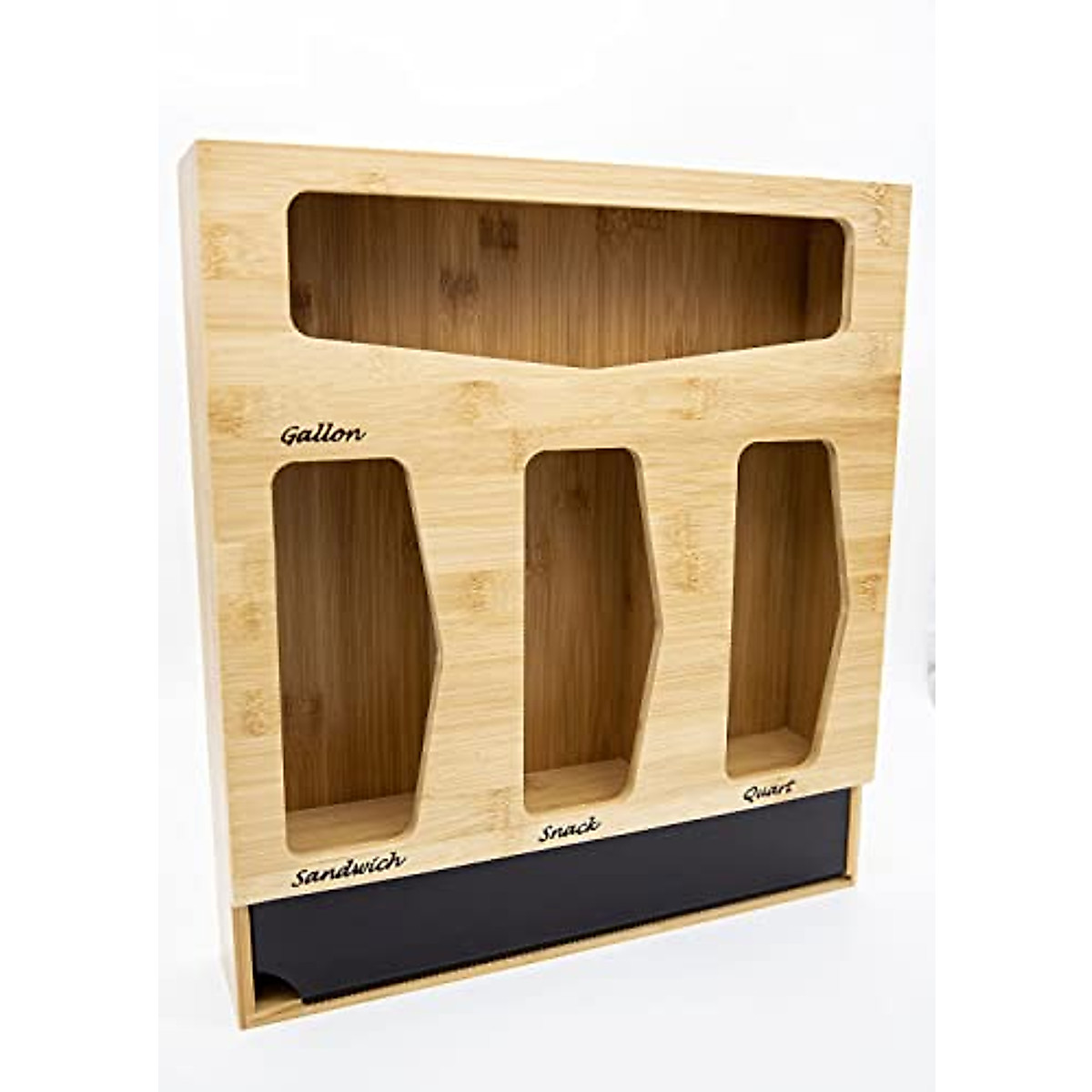 JMJ Ziplock Storage Bag Organizer for Kitchen Drawer, Pantry, Countertop. Bamboo Dispenser Fits Gallon, Sandwich, Quart, Snack. Fits 12" Foil or Plastic Wrap Roll