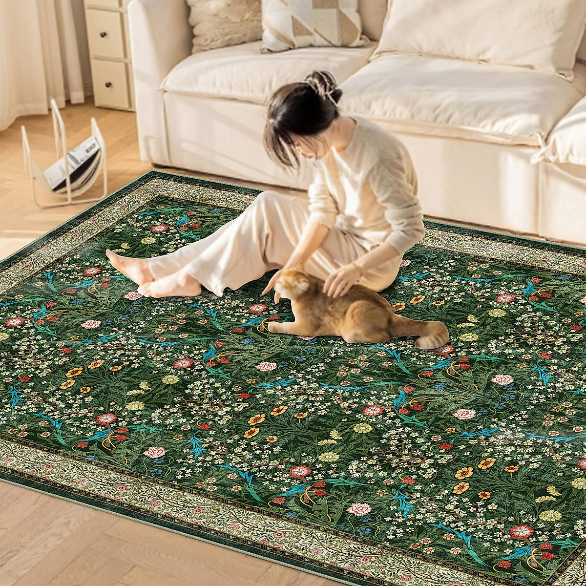 8 X10 Area Rugs for Living Room, Machine Washable Rug for Bedroom, Green Rug Non-Slip for Hardwood Carpet, Vintage Soft Low-Pile Throw Rugs for Dining Room, Kitchen, Entryway, and Dorm