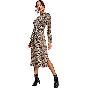 Floerns Women's Snakeskin Print Long Sleeve Tie Waist Split Midi Dress Brown XL