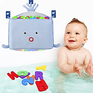 sundee Mesh Bath Toy Organizer + 36 Foam Bath Letters and Numbers,Baby and Toddlers Bathtub Mesh Quick Dry Net Bathtub Toy Holder, Perfect Toy Storage Net, Hanging Bathroom Storage Bags - Blue