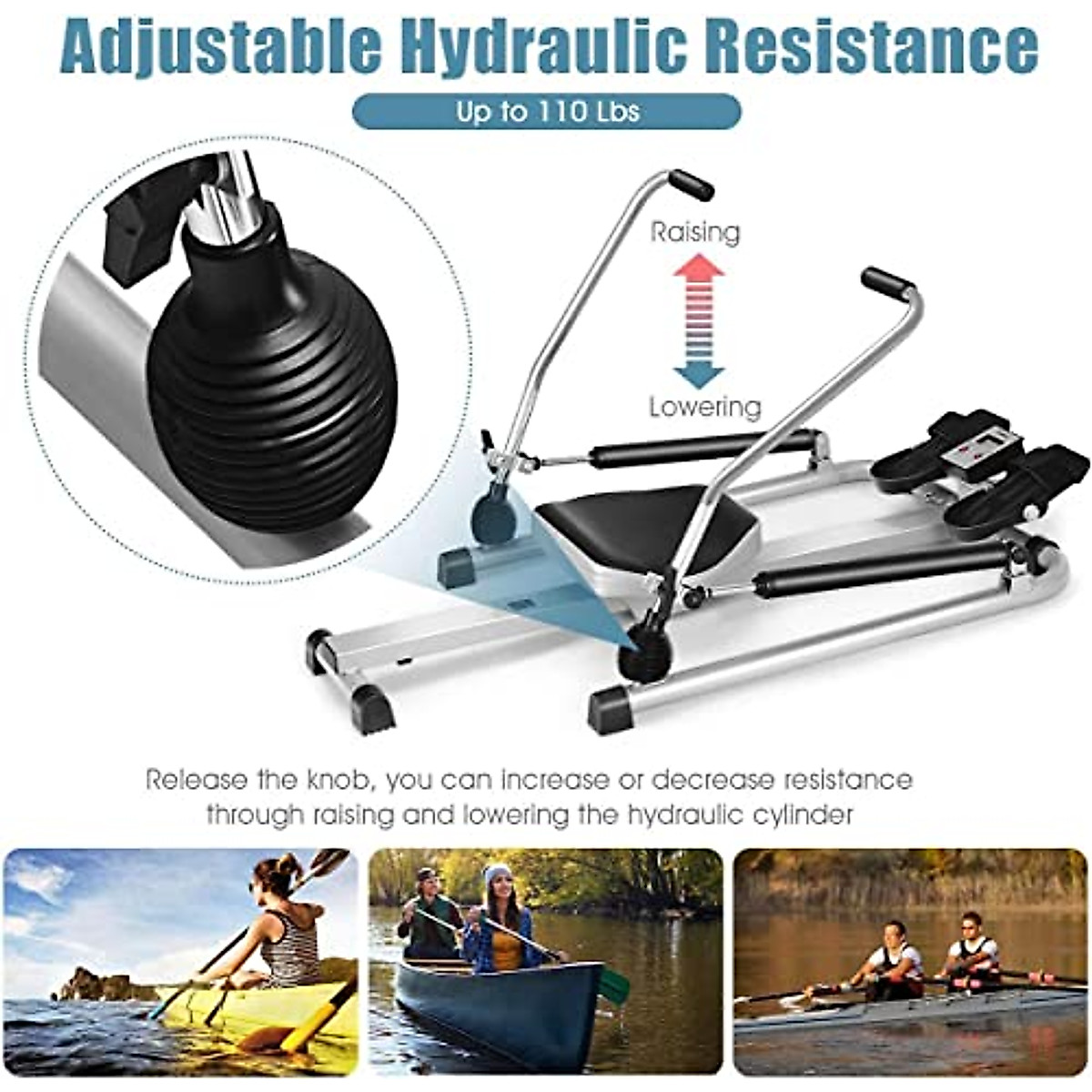 Goplus Hydraulic Rowing Machine, Full Motion Folding Rower with LCD Monitor, Adjustable Resistance and Full Arm Extensions for Home Use