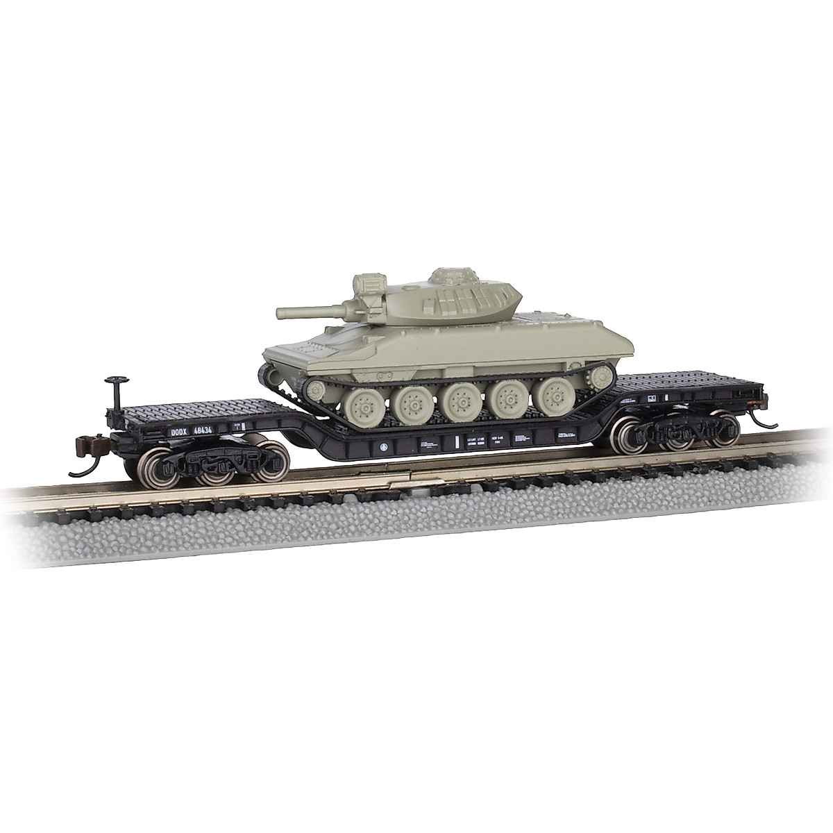 Bachmann Trains - 52' Center-Depressed Flat CAR with Sheridan Tank - Black with Green Tank - N Scale