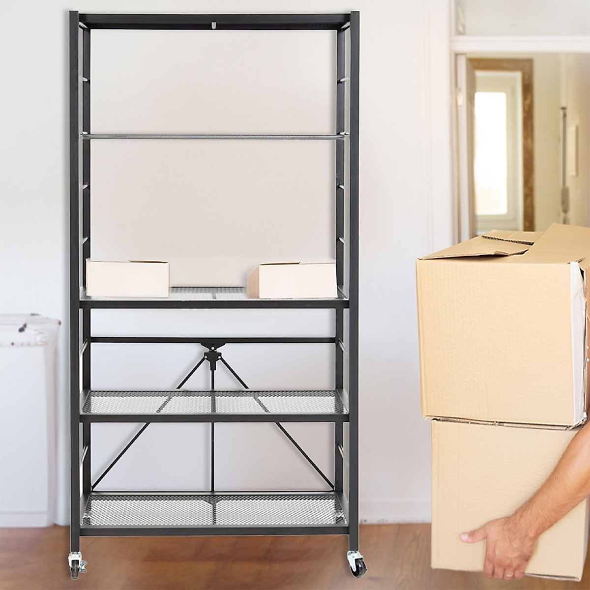 Origami R2 Series Folding Heavy Duty Steel Storage Rack Adjustable Shelving Portable Home Organization Unit with Wheels, Set of 2, Black