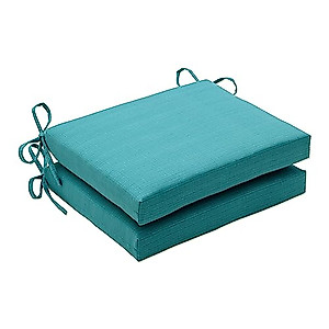 Pillow Perfect Forsyth Solid Indoor/Outdoor Patio Seat Cushions, Plush Fiber Fill, Weather and Fade Resistant, 2 Count, Turquoise, Square Corner 16"x18.5" Blue