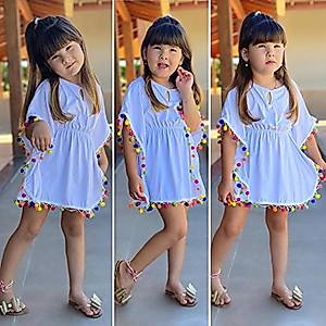 Tiacham Toddler Baby Girls Swimsuit Coverup Beach dresses Tassels Cover Up Pompom Poncho Rash Guards (White, 3-4T)