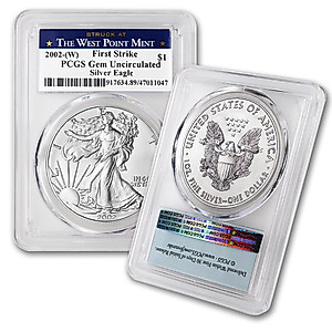 2002 (W) 1 oz American Eagle Silver Eagle Coin Gem Uncirculated (First Strike - Struck at The West Point Label) $1 PCGS GEMUNC