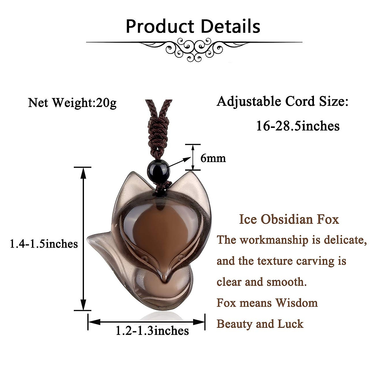 Top Plaza Womens Reiki Healing Crystal Ice Obsidian Gemstone Necklaces Adjustable Lucky Fox Amulet Protection Pendant Necklace Fox Jewelry