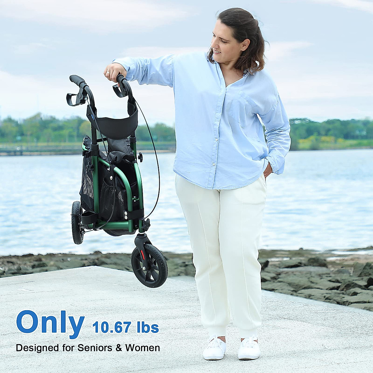 WALK MATE 3 Wheel Rollator Walker with Seat for Slim Seniors, Padded Backrest Lightweight Foldable Walker Ideal for Elderly, 8 Inch Tri-Wheel Modern Mobility Walking Aid Aluminum, Green