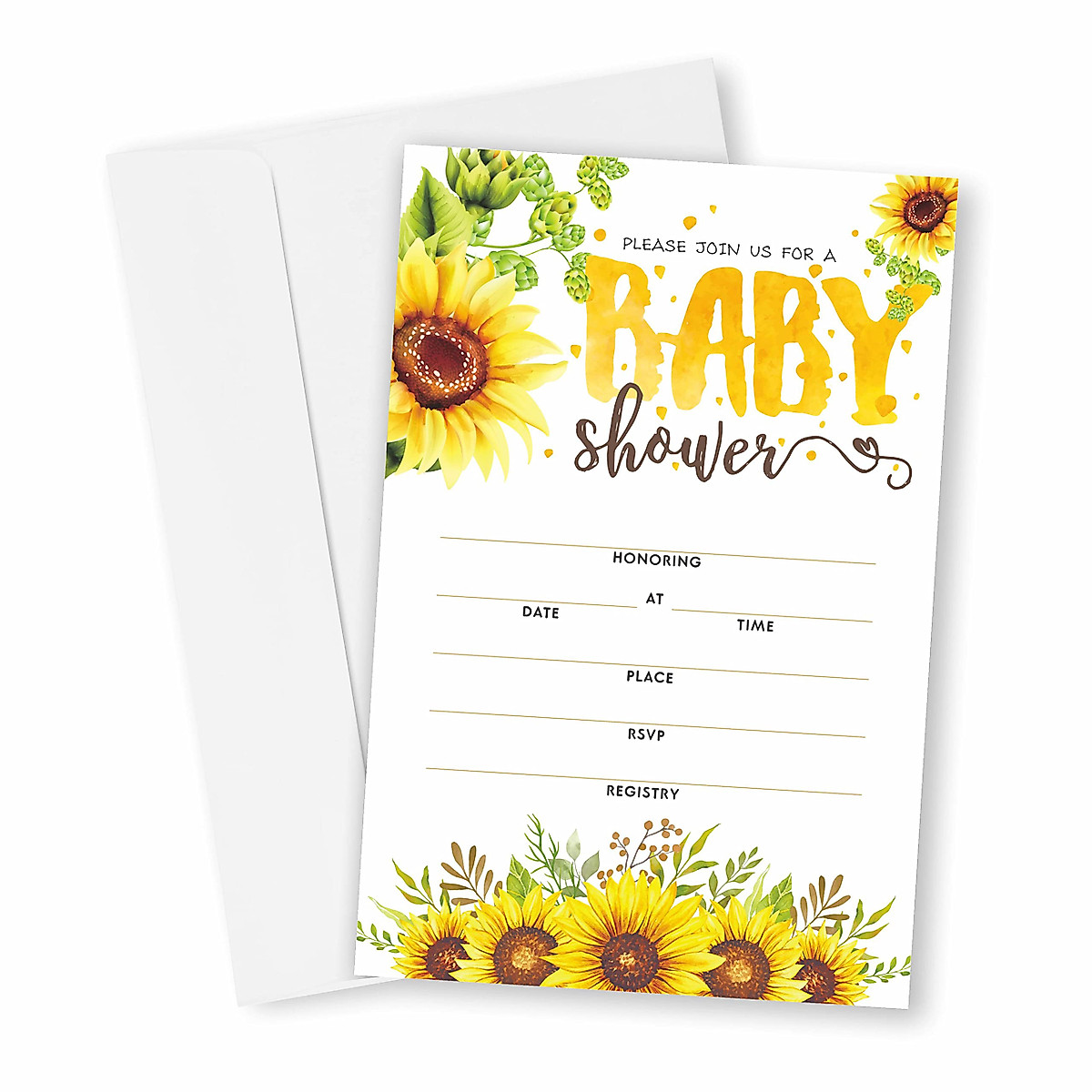 Baby Shower Invitation Cards With Envelopes, Sunflower Invites for Baby Showers and Parties - Pack of 25-（YQK-018）