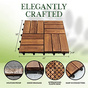 Acacia Wood Interlocking Deck Tiles for Outdoor/Indoor - (Pack of 10) 12"x12" All Weather Balcony Flooring - Snap Click Together Patio Tiles - Portable Waterproof Dance Floor Covering, Outside Walkway