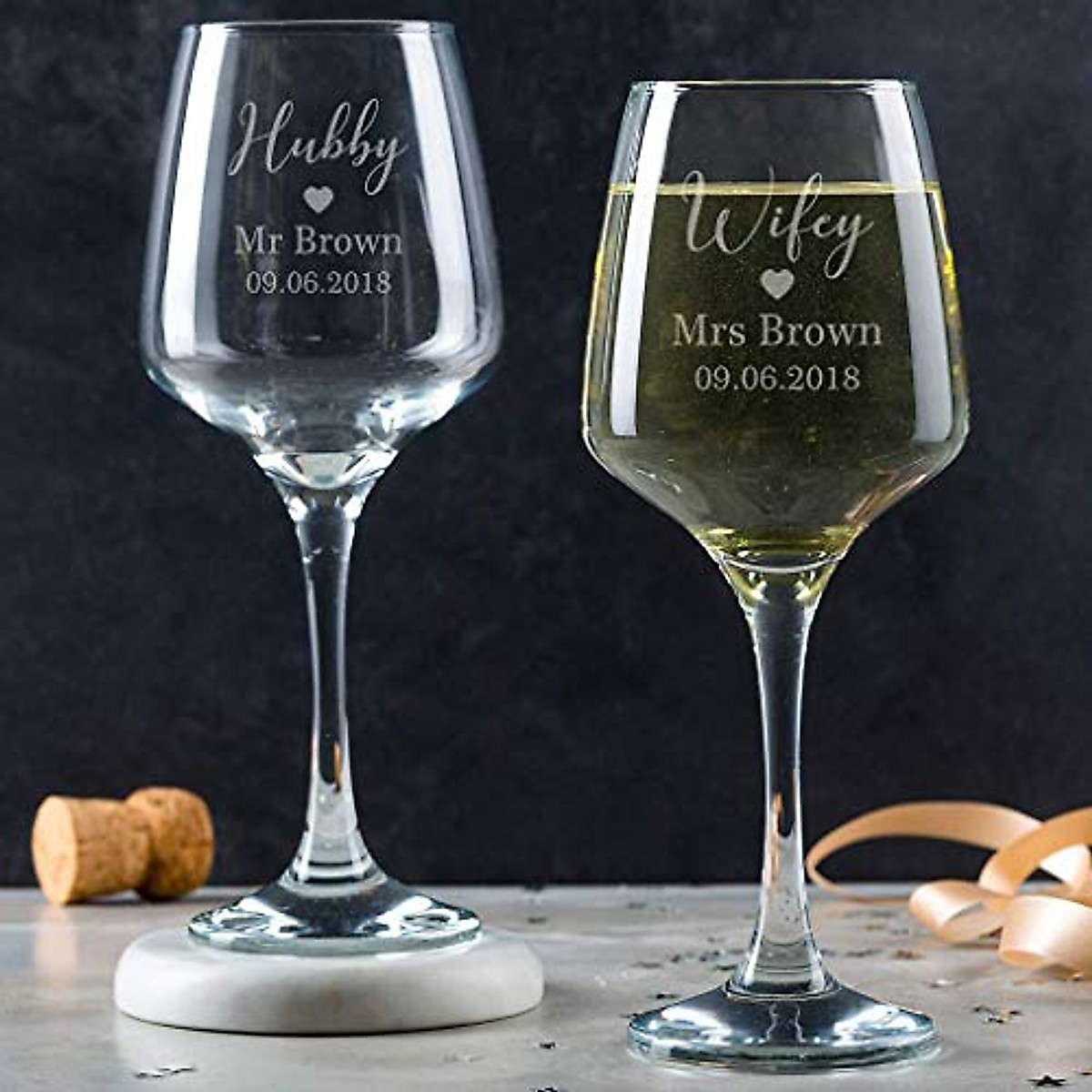 Hubby Wifey Wine Glasses for Bride Groom - Personalized Wedding Gifts for the Couple Newlyweds - Engraved toasting Goblet Pair Set of 2 with Stem