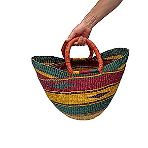 Deluxe Colorful African Shopping Basket - Large 18" U-shape - by market women in Bolgatanga, Ghana with Africa Heartwood Project - GBLSC (Flat-packed)